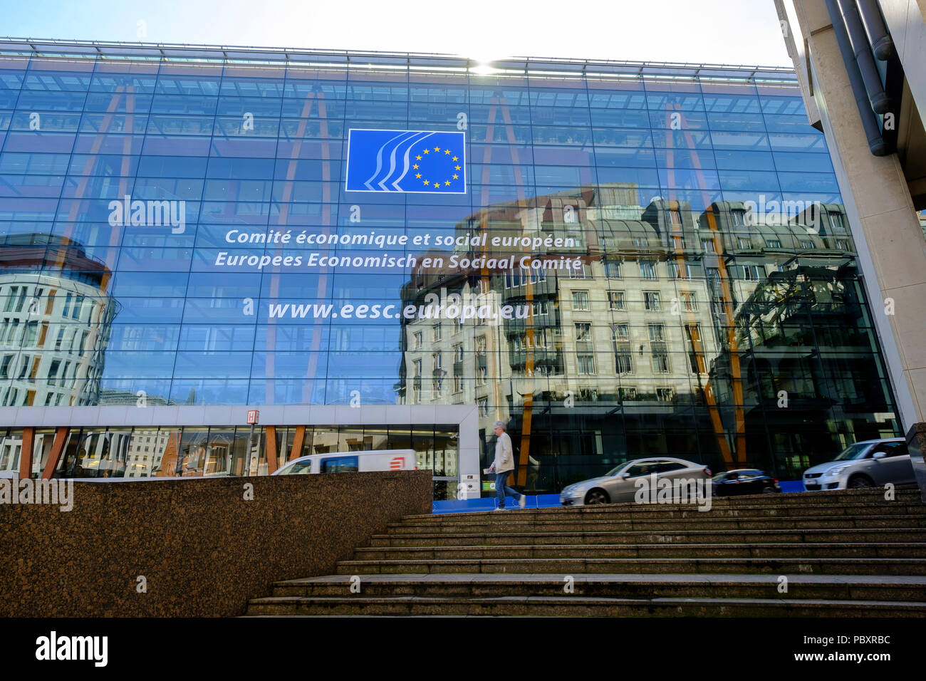 Belgium, Brussels: glass facade of the Jacques Delors building ...