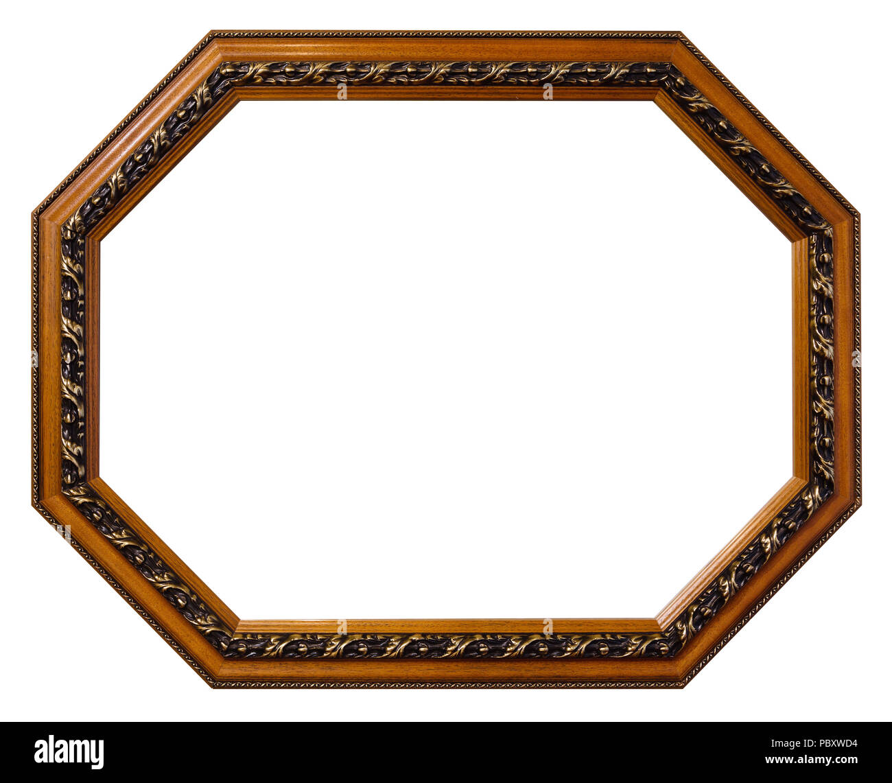 Old octagonal wooden picture frame isolated over white background. Path ...
