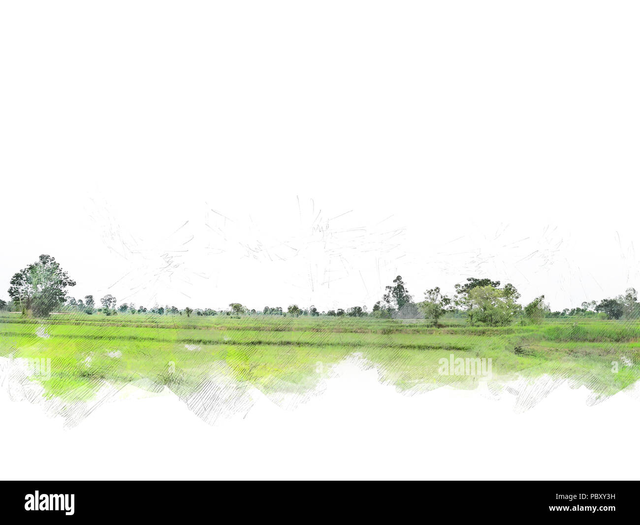 Abstract tree and field landscape on watercolor illustration painting ...