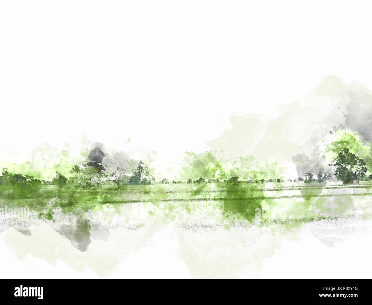 Abstract tree and field landscape on watercolor illustration painting ...