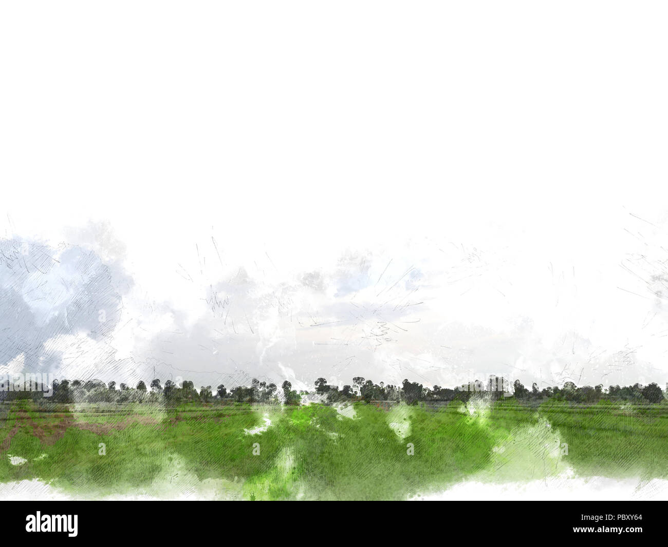 Abstract tree and field landscape on watercolor illustration painting ...