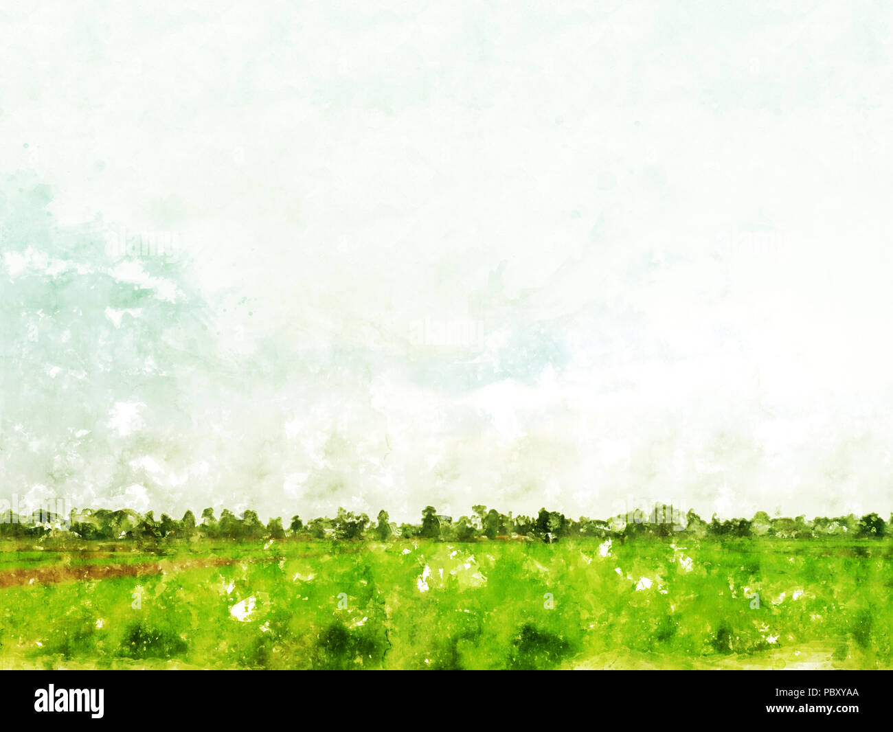 Abstract tree and field landscape on watercolor illustration painting ...