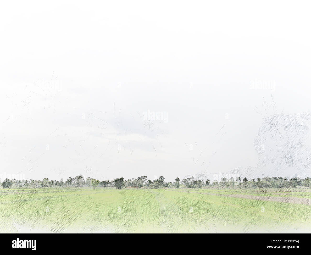 Abstract tree and field landscape on watercolor illustration painting ...