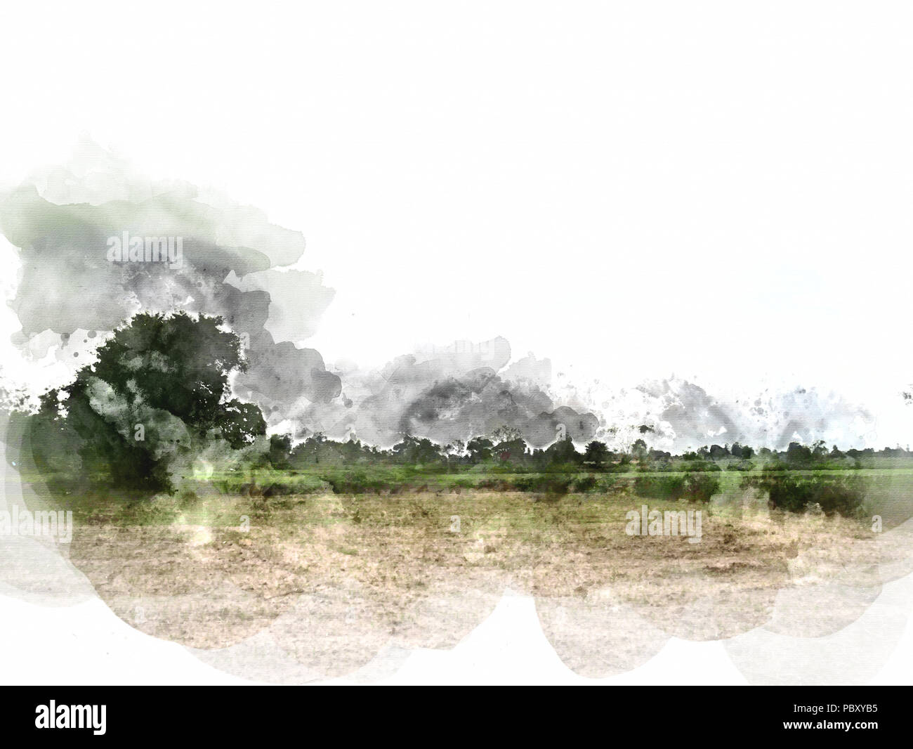 Abstract tree and field landscape on watercolor illustration painting ...