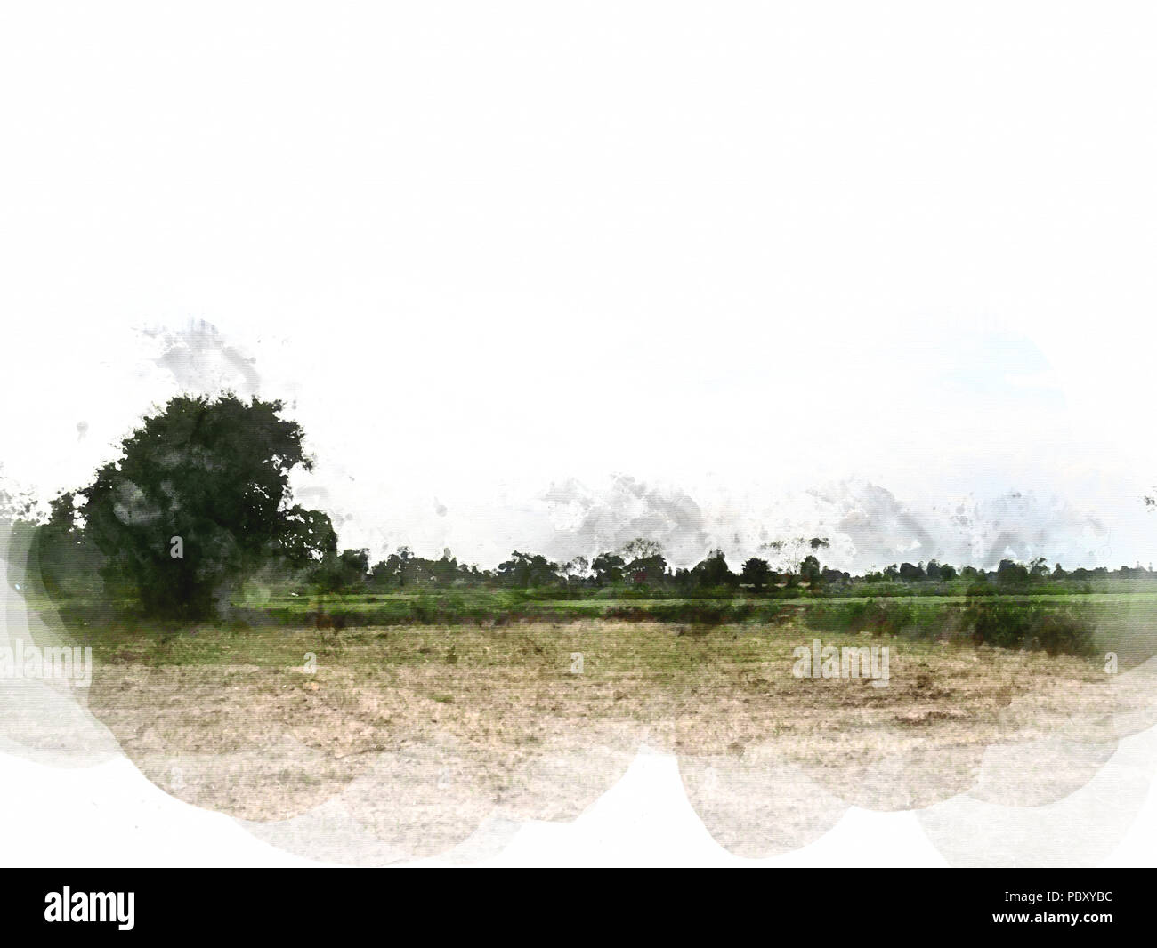 Abstract tree and field landscape on watercolor illustration painting ...