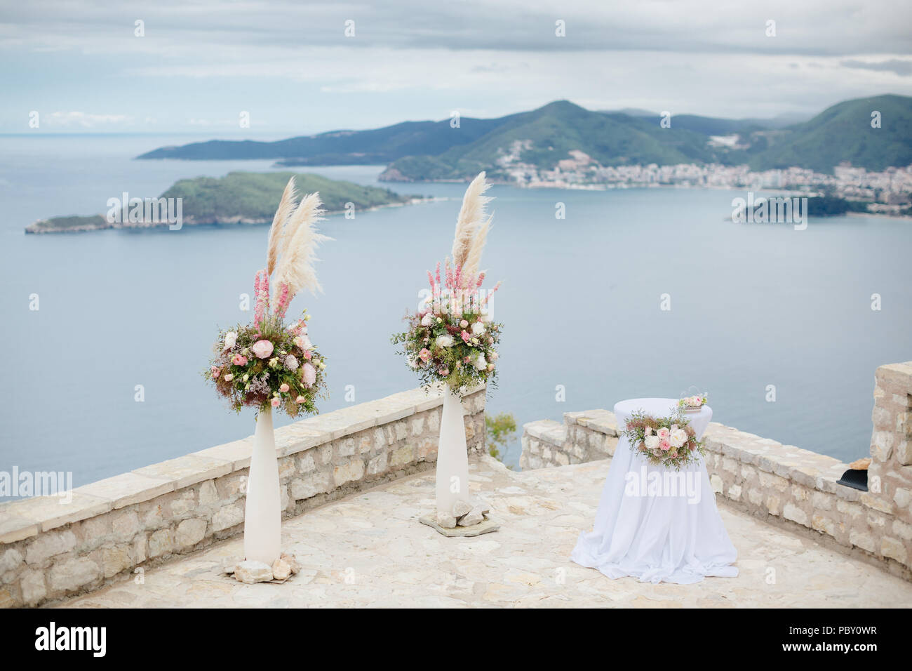 wedding arch decoration with beautiful view. Destination wedding Stock ...