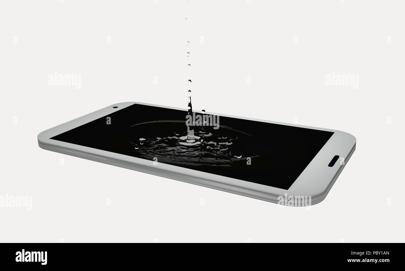 Water flows into the display of a mobile phone. 3d rendering Stock ...