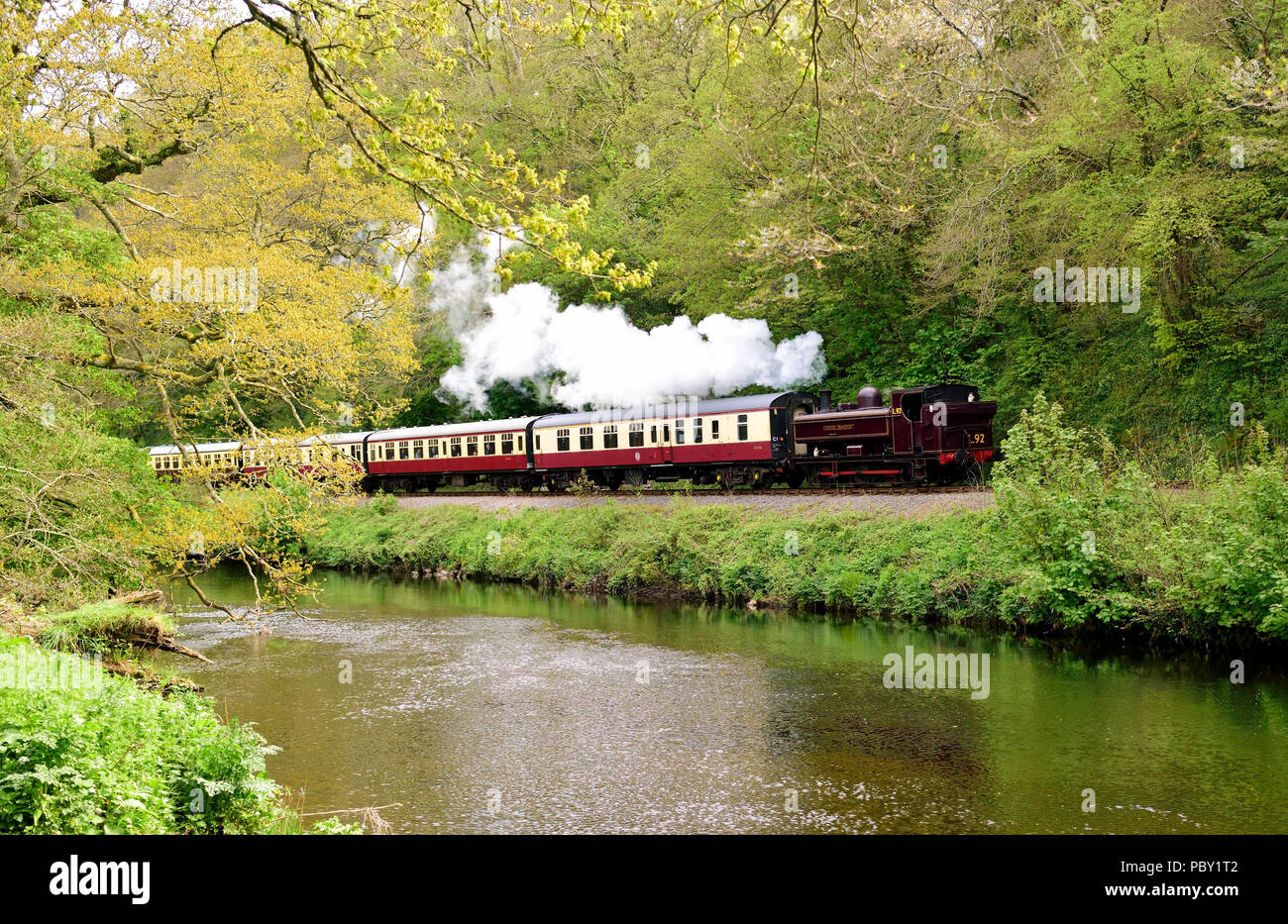 London Transport pannier tank No L92 running alongside the river Dart ...