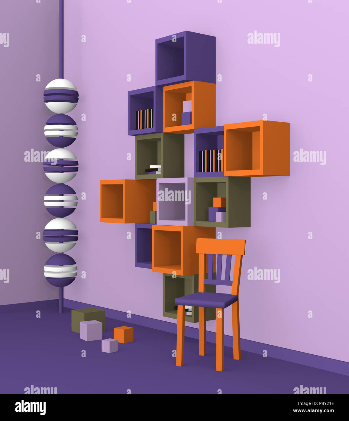 Modern living: shelf of cubes in trendy colors from side view. 3d ...