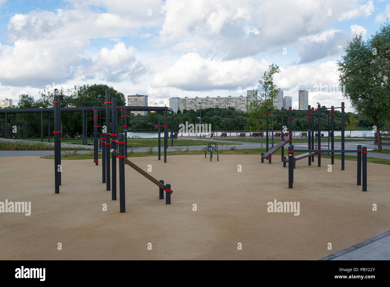Playground with horizontal bars in the open air on the background of ...