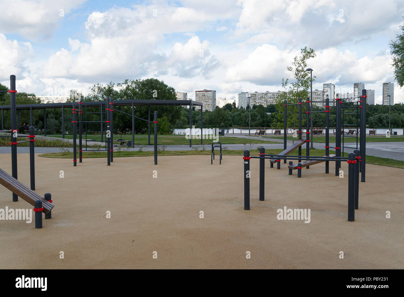 Playground with horizontal bars in the open air on the background of ...