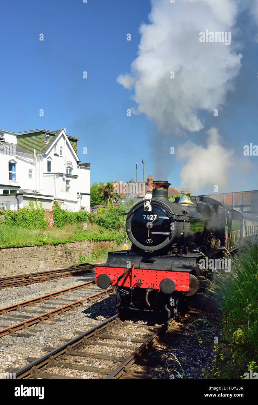 Steam train leaving Paignton on the Dartmouth Steam Railway, hauled by ...