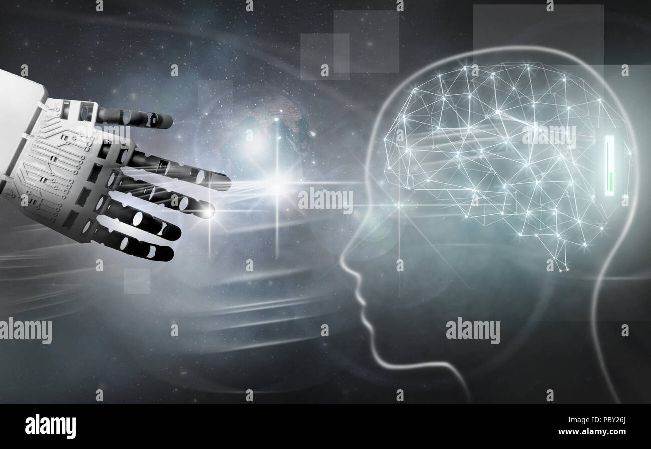 Robot hand reaching towards digitalized brain with implant Stock Photo ...