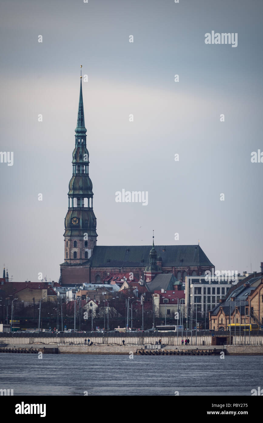 Riga city panorama in autumn with bridges and river Daugava in front ...