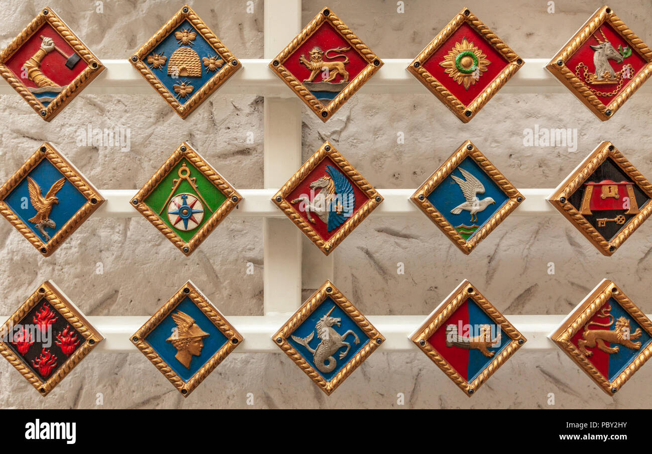Ships badges on display at the National Maritime Museum, Greenwich ...