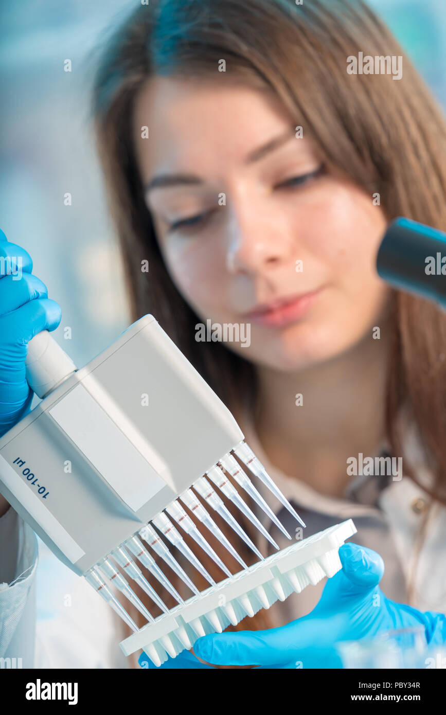 student woman with multi pipette and other PCR items in microbiological / genetic laboratory ...