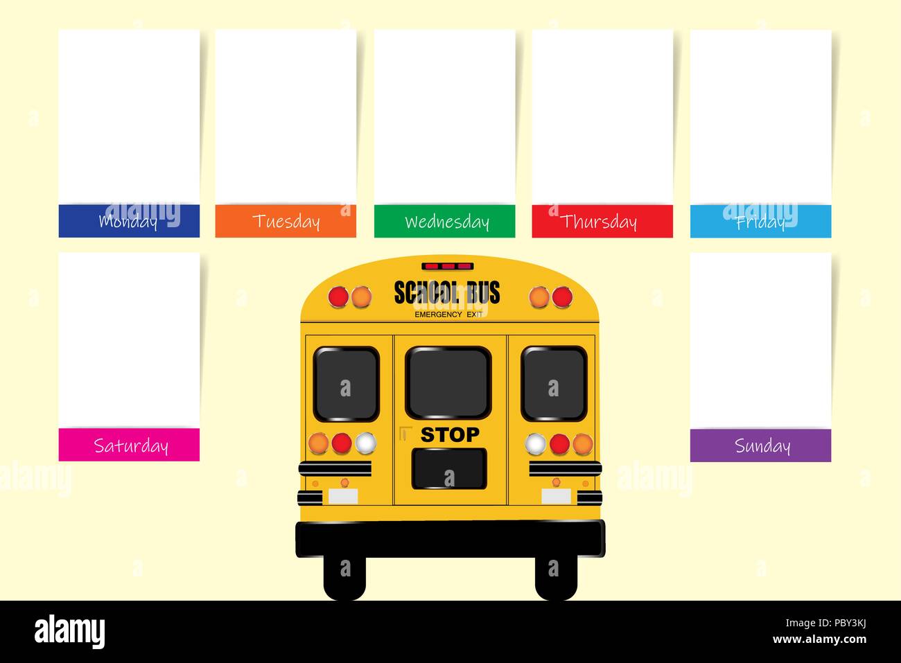 Weekly planner with a school bus in the center of the vector. Empty ...