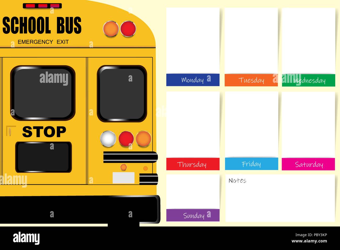 My week planner with a part of school bus contains white charts for ...