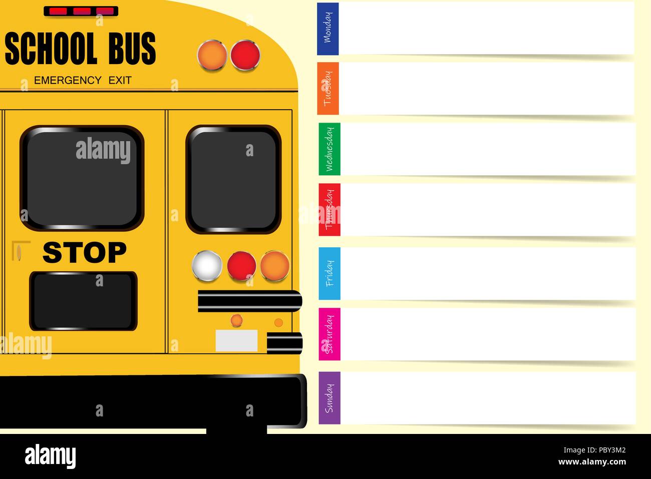 Weekly planner as a part of school bus with a white charts for each day ...