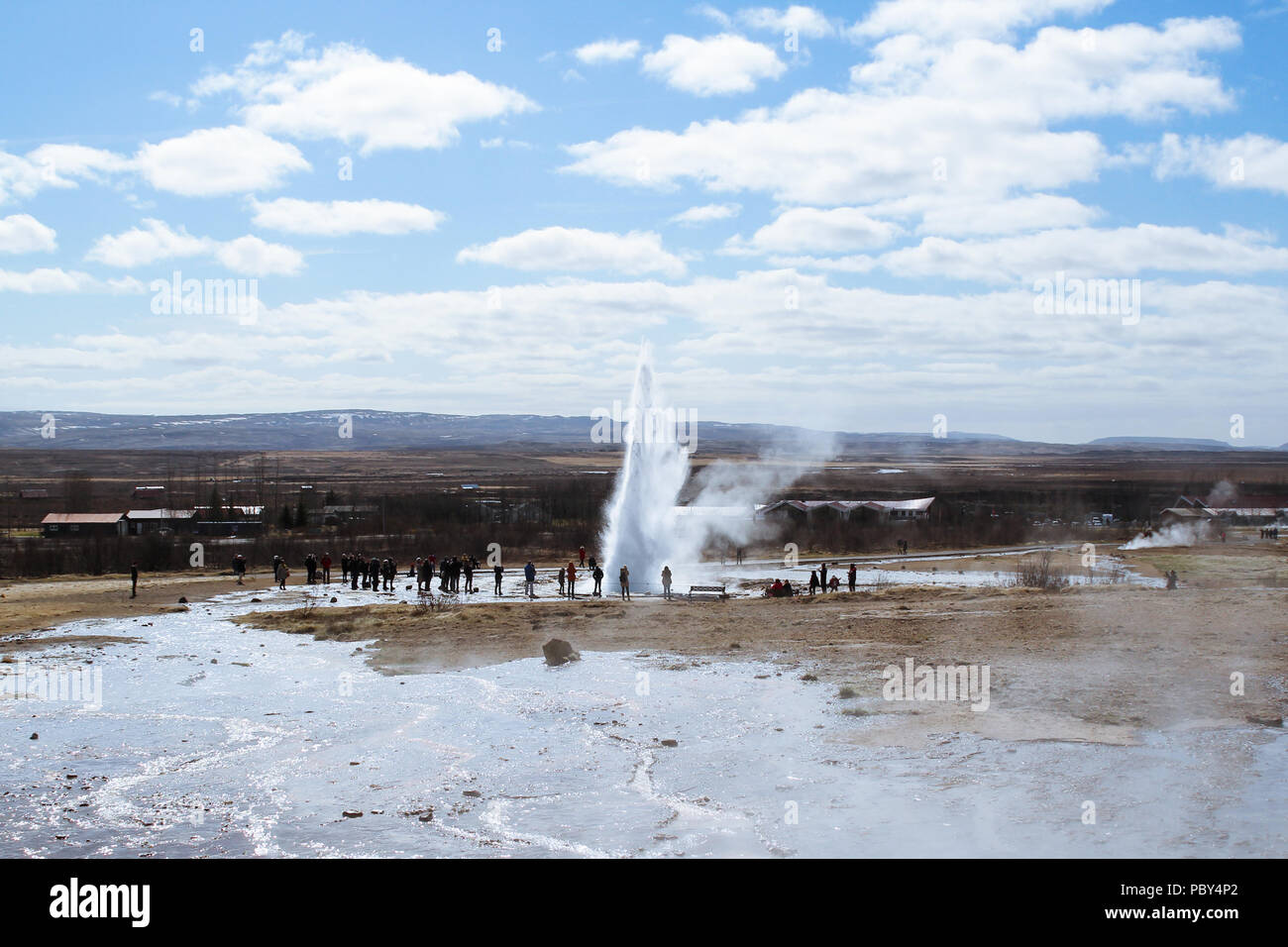 Strokkur geysir eruption at the Geysir geothermal Park on the Golden ...