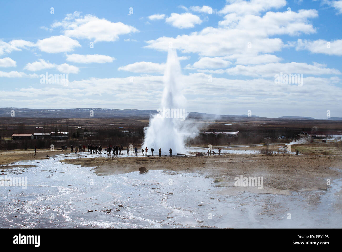 Strokkur geysir eruption at the Geysir geothermal Park on the Golden ...