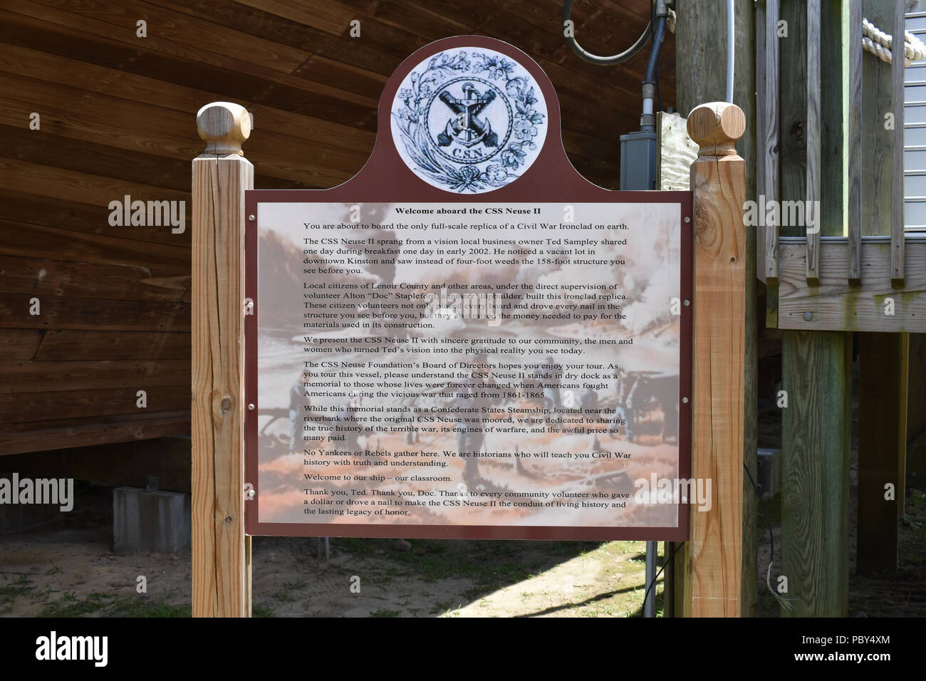 A sign with information about the CSS Neuse II a full size replica of ...