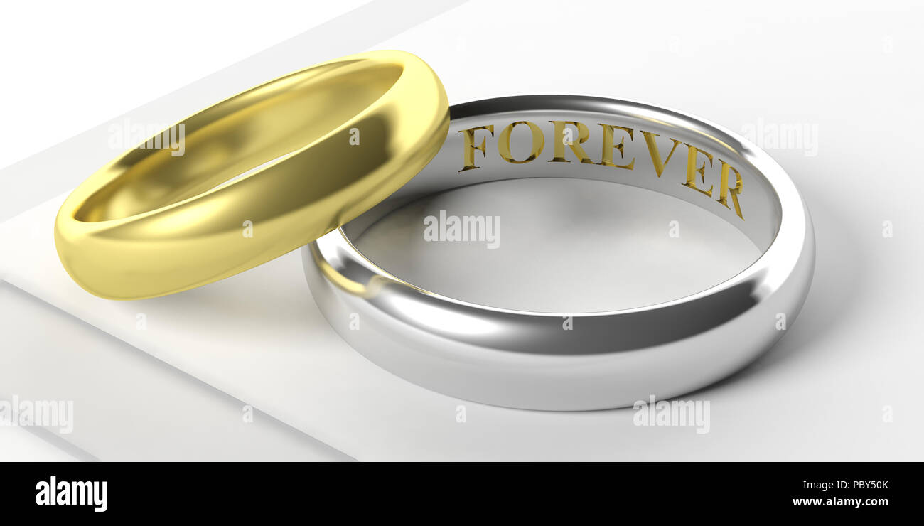 Forever married. Pair of golden platinum wedding rings isolated on ...