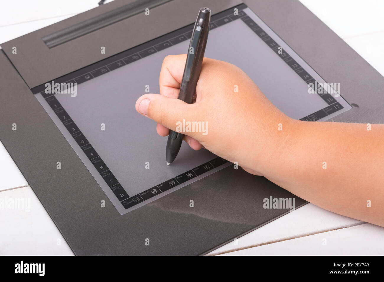 Hand drawing on a graphic tablet isolated on white background Stock ...