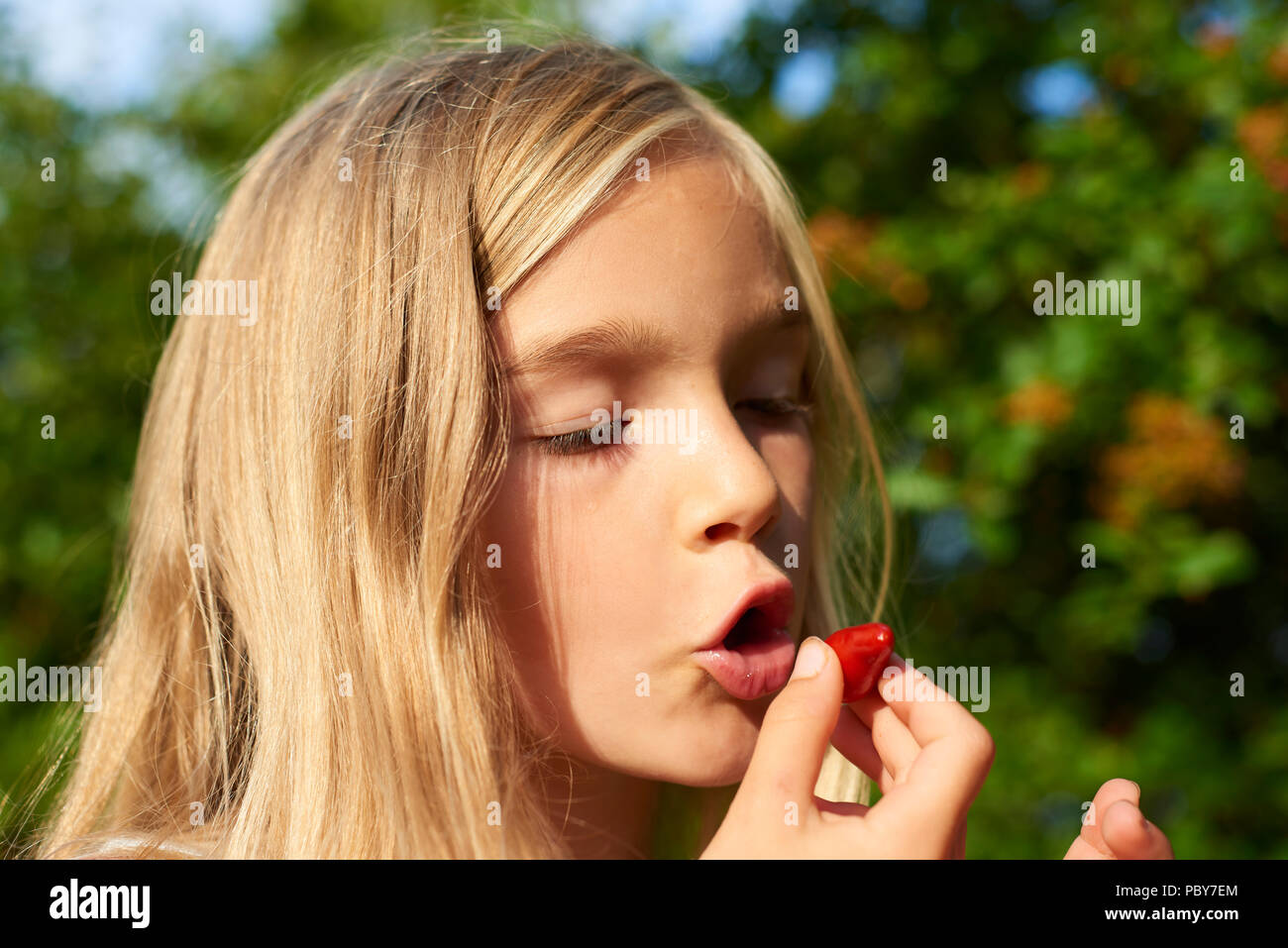 Child cute girl holding fresh raw chilli pepper and preparing to eat it ...