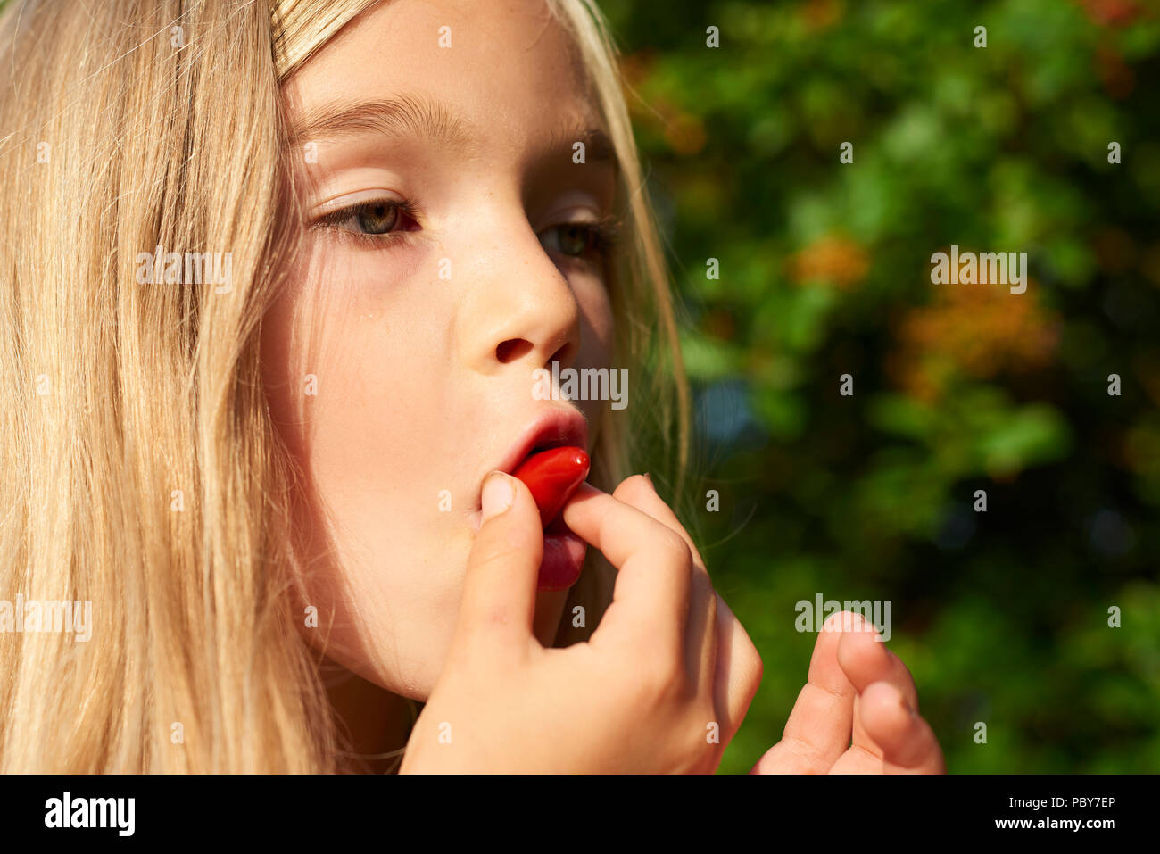 Child cute girl holding fresh raw chilli pepper and preparing to eat it ...