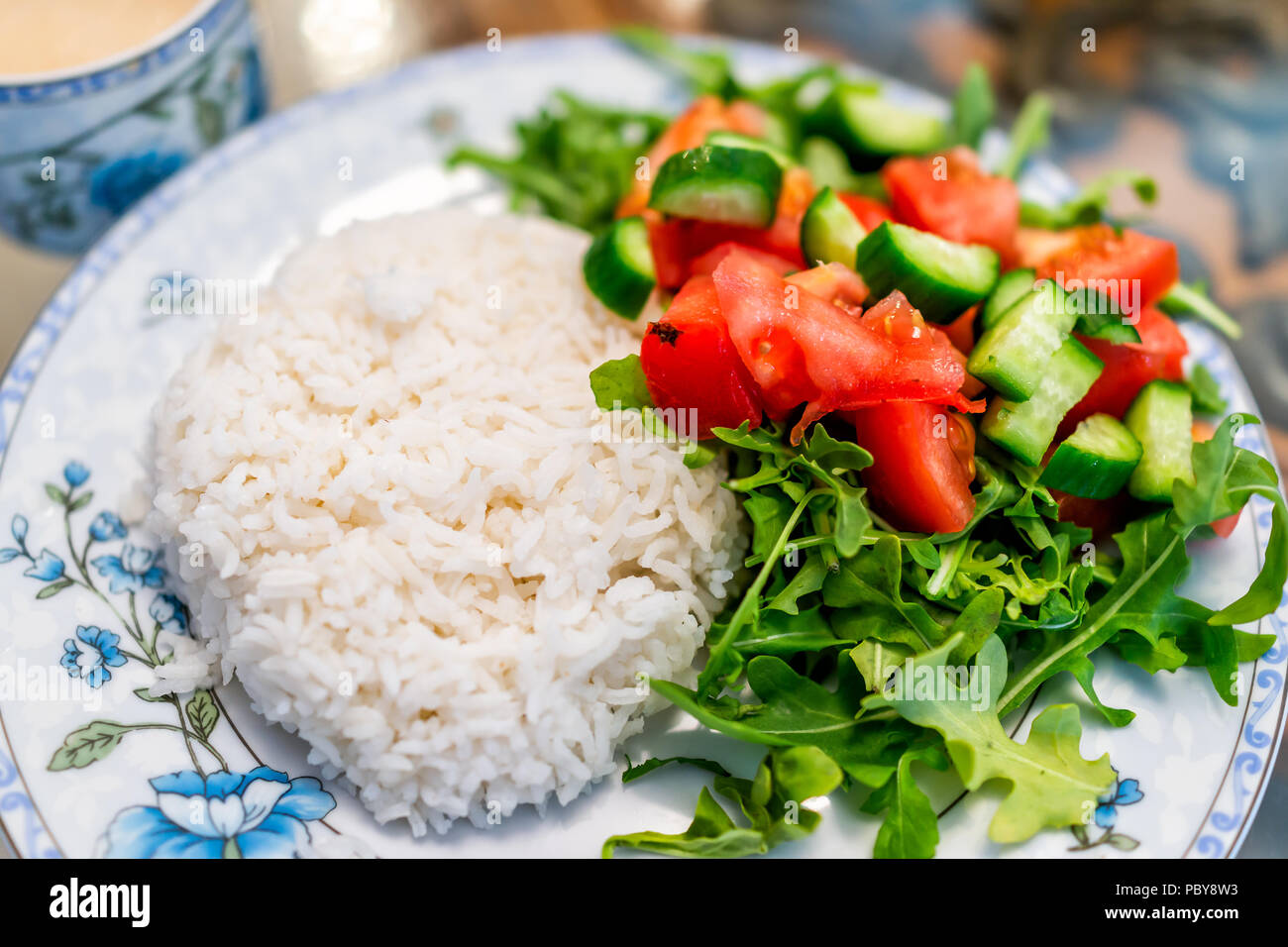 Macro closeup of plain white jasmine long grain cooked rice with ...