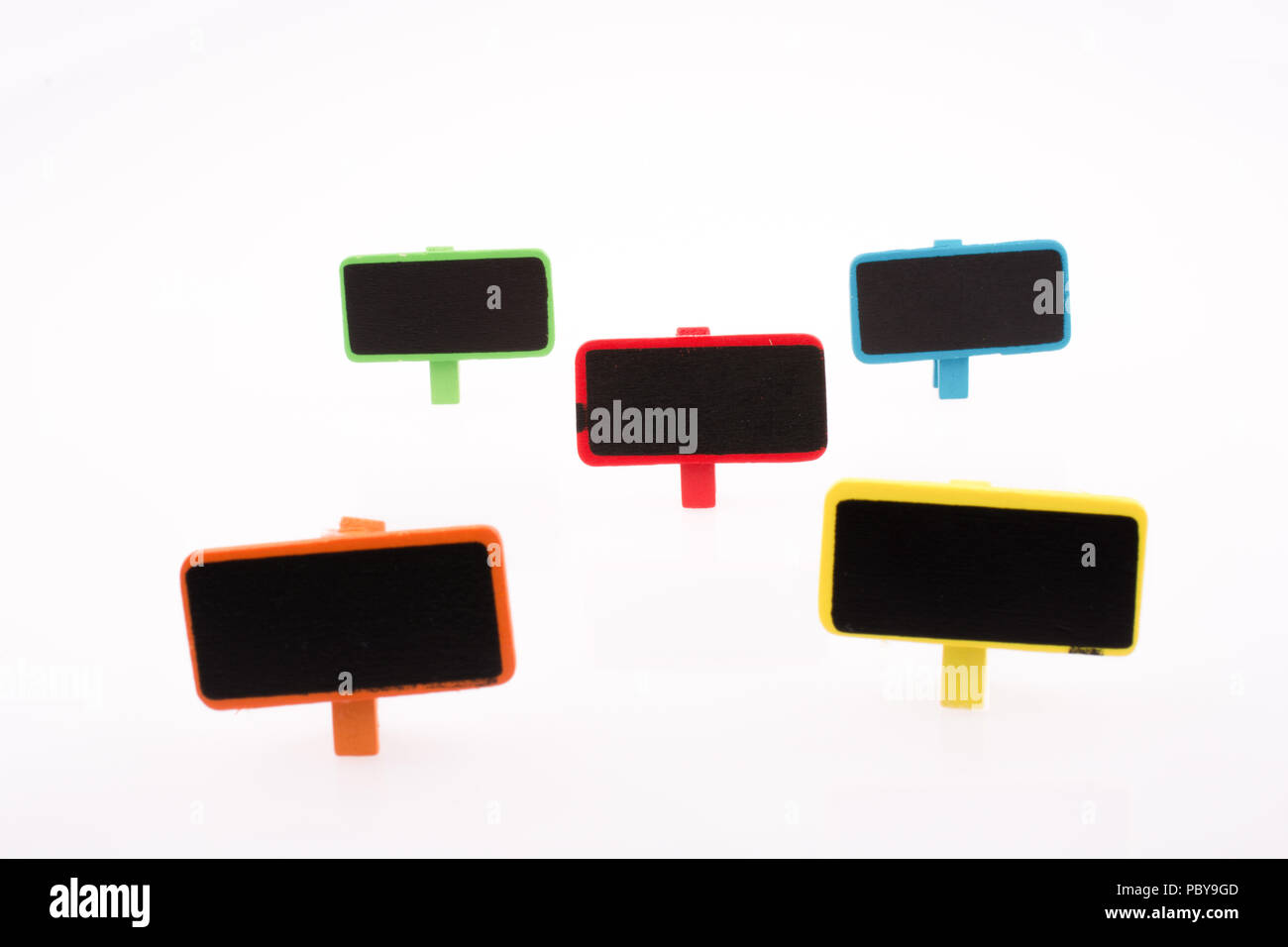 Colorful little signboards on a white background Stock Photo - Alamy