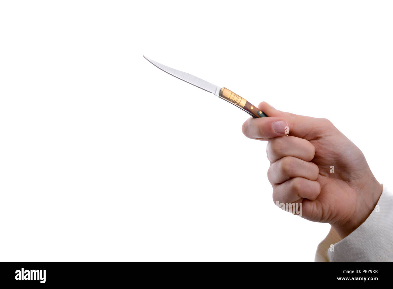 Hand holding a knife in hand on a white background Stock Photo - Alamy
