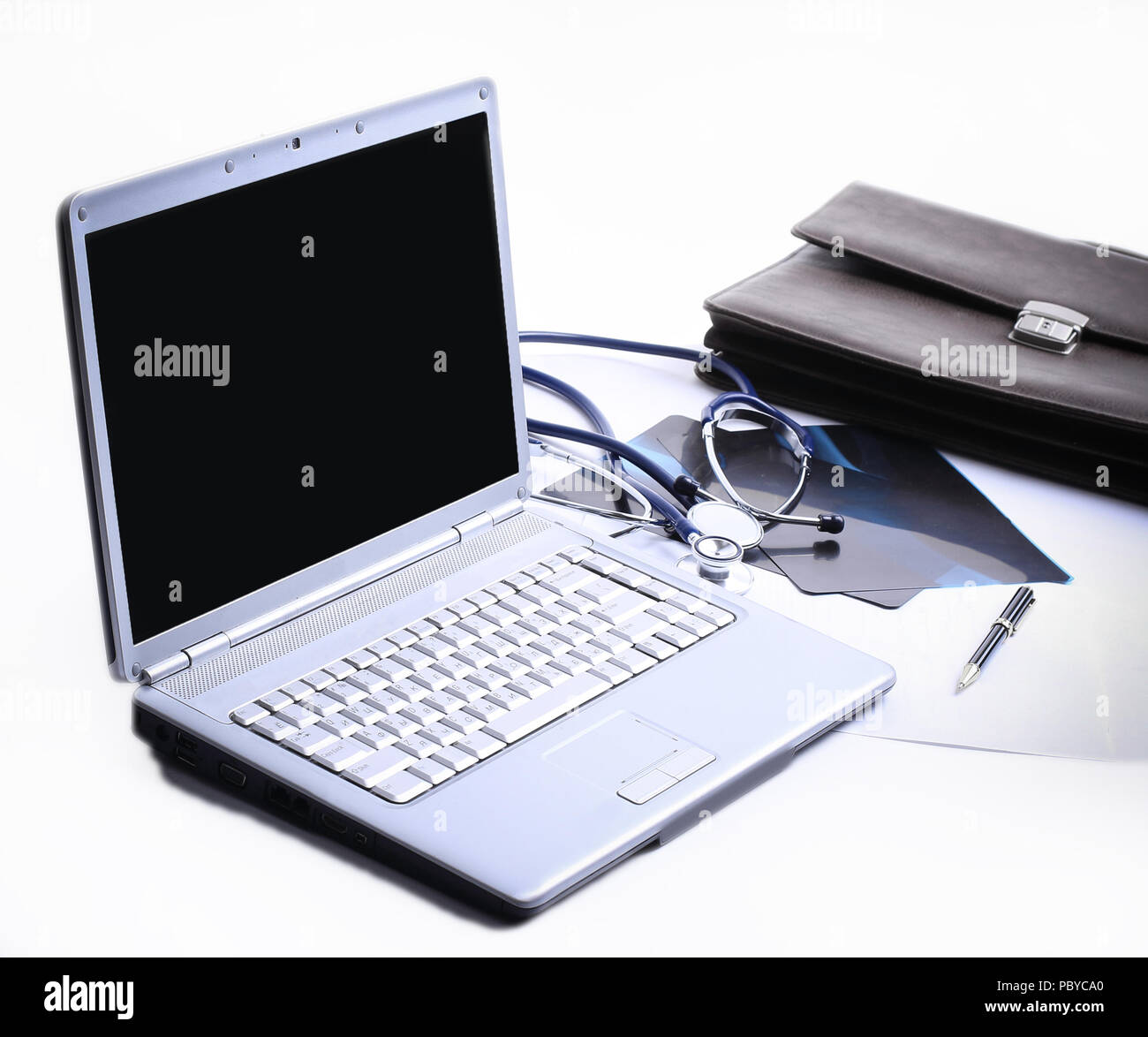 closeup. laptop and stethoscope in the workplace therapist Stock Photo ...