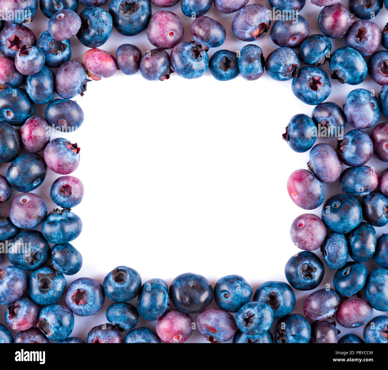 Fresh blueberries and leaves, berry frame isolated on white background ...