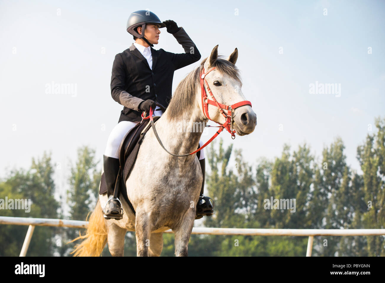 Young Chinese man riding horse Stock Photo - Alamy