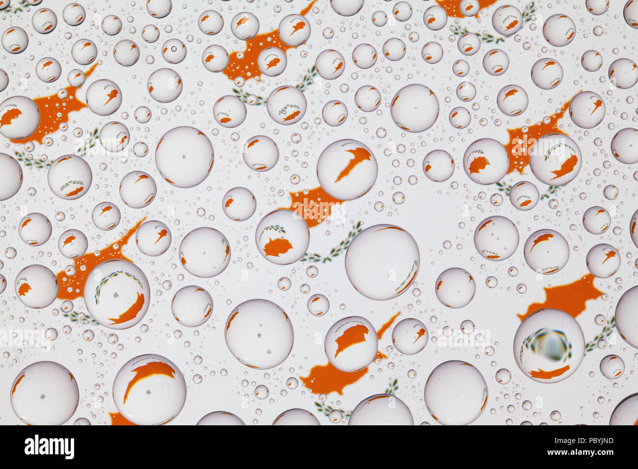 Flags of Cyprus, behind a glass covered with rain drops.Pattern from ...