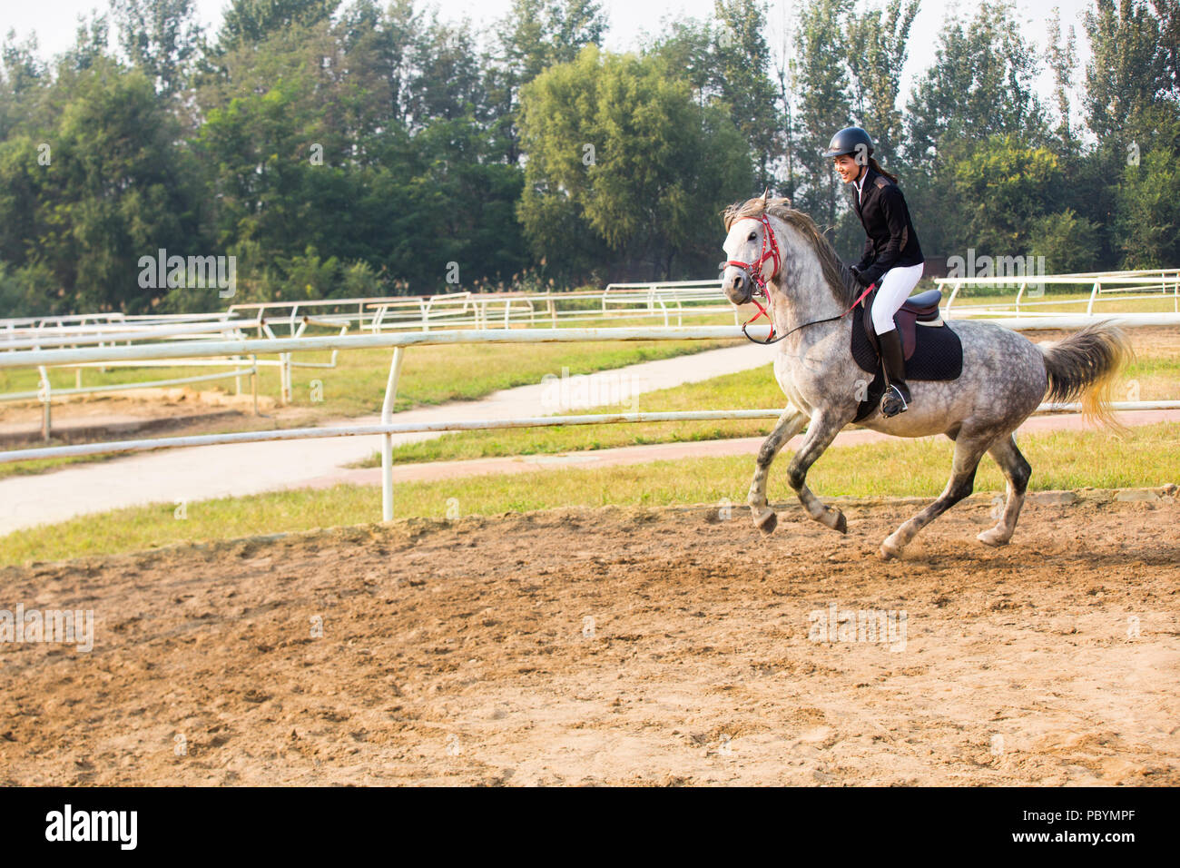 Cheerful young Chinese woman riding horse Stock Photo - Alamy