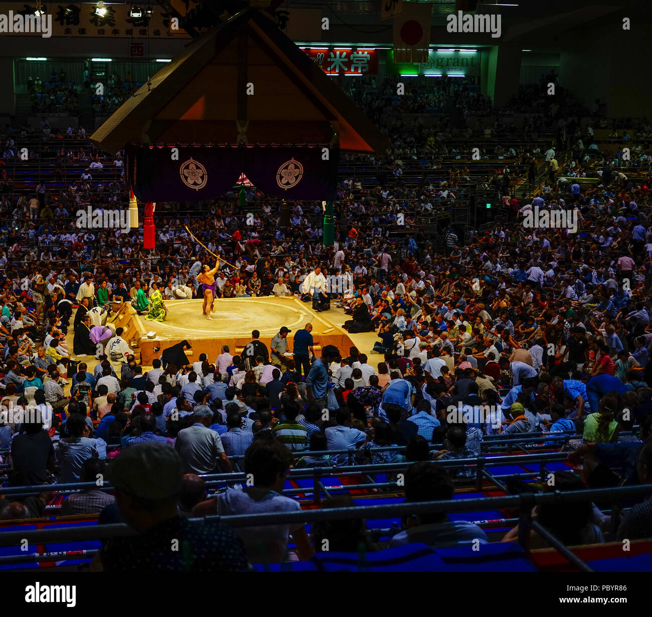 Tokyo, Japan - Jul 13, 2015. Sumo fighters and sumo wrestlers training ...