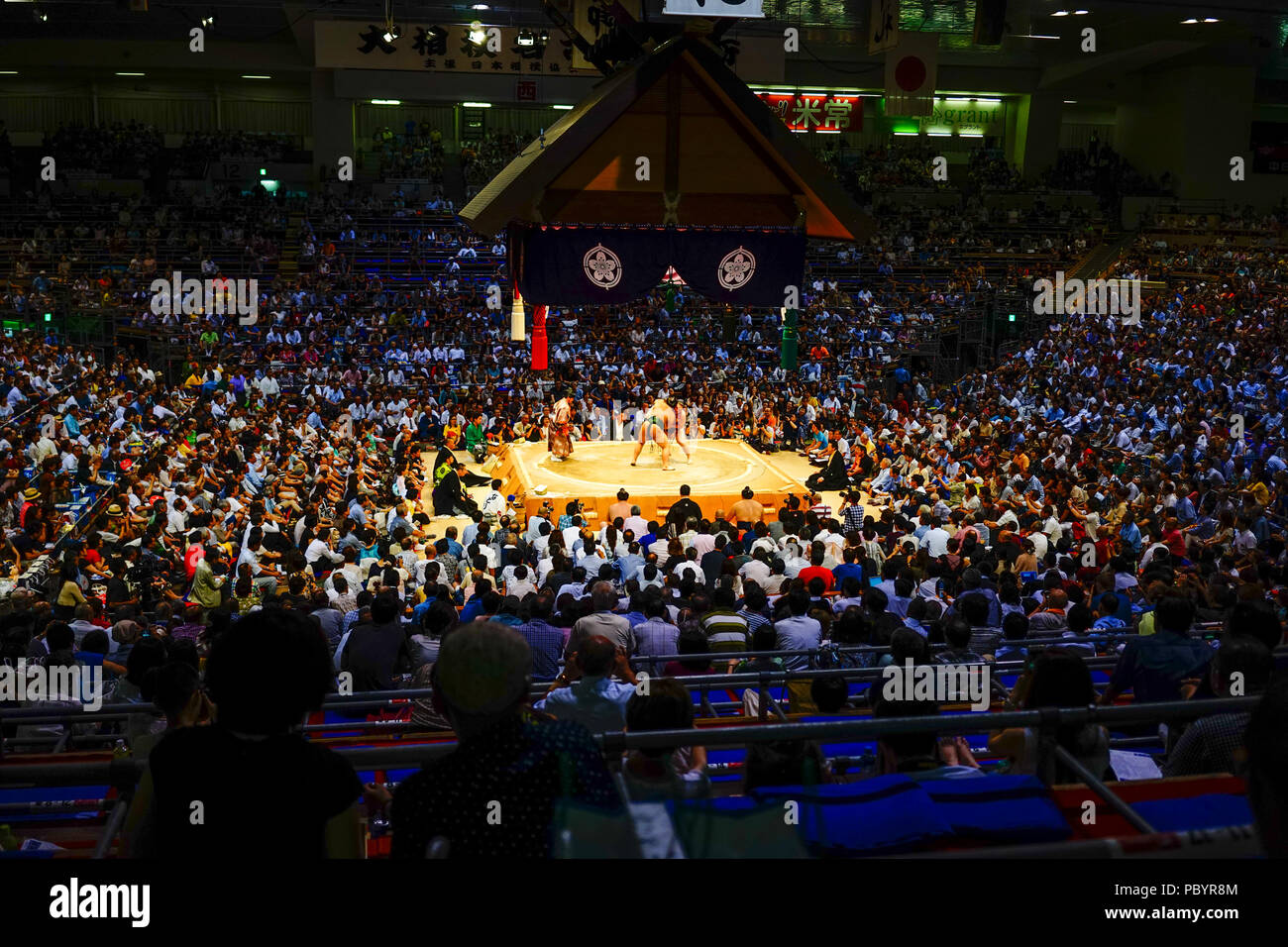 Tokyo, Japan - Jul 13, 2015. Sumo fighters and sumo wrestlers training ...