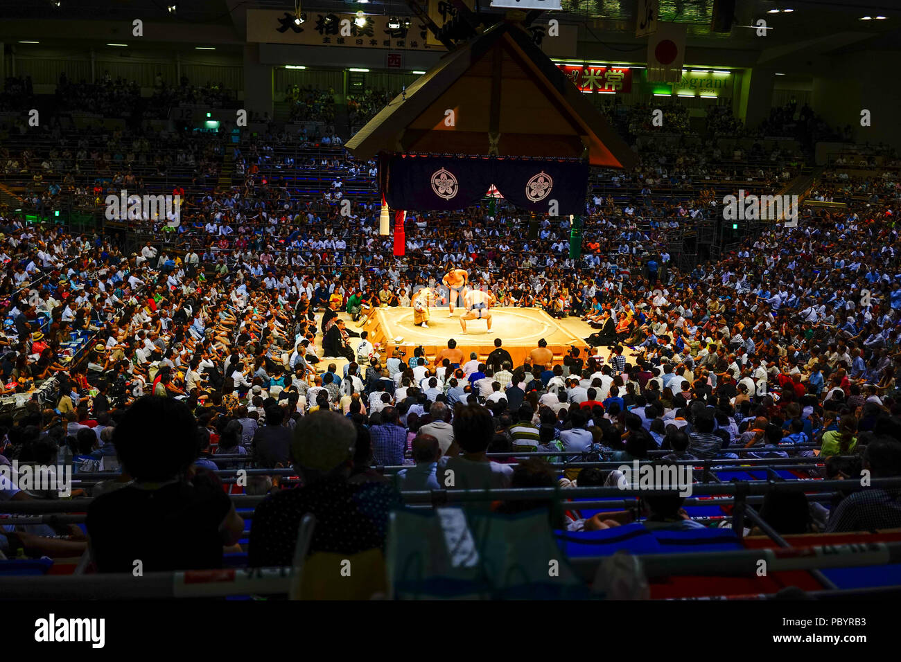 Tokyo, Japan - Jul 13, 2015. Sumo fighters and sumo wrestlers training ...