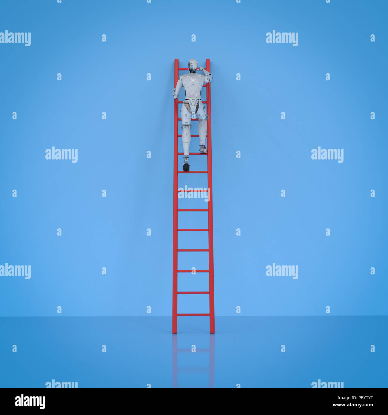 3d rendering robot climb red ladder on blue background Stock Photo - Alamy
