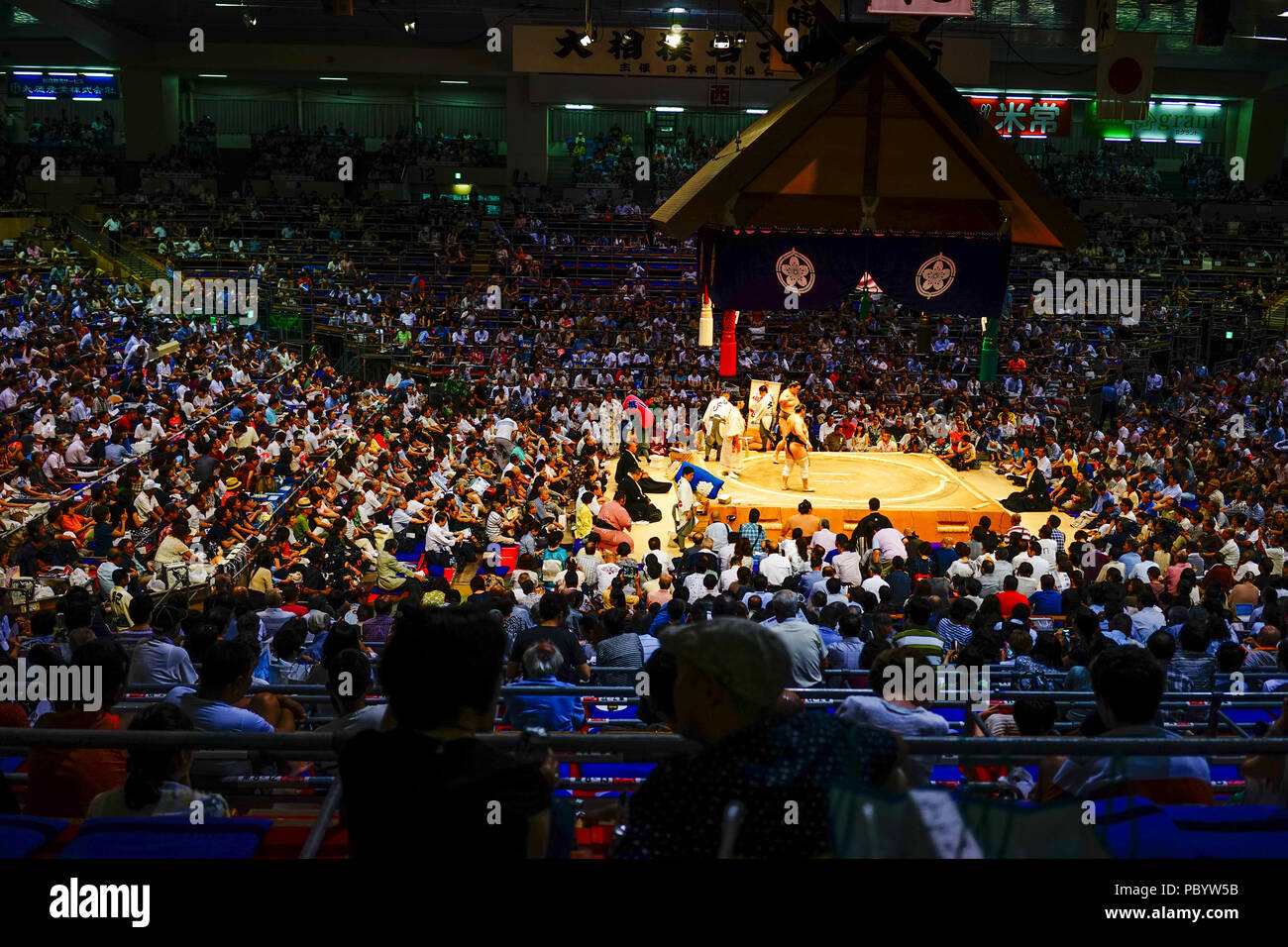 Tokyo, Japan - Jul 13, 2015. Sumo fighters and sumo wrestlers training ...