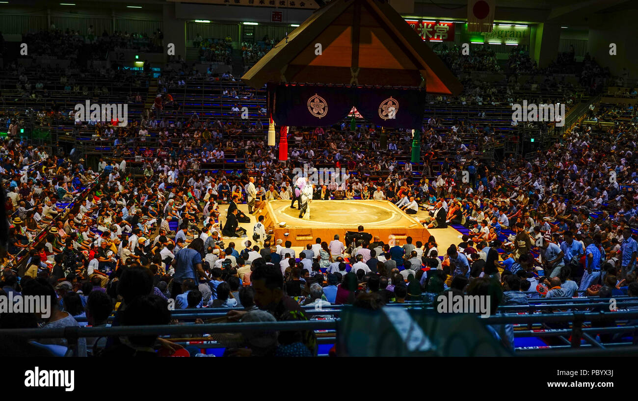 Tokyo, Japan - Jul 13, 2015. Sumo fighters and sumo wrestlers training ...