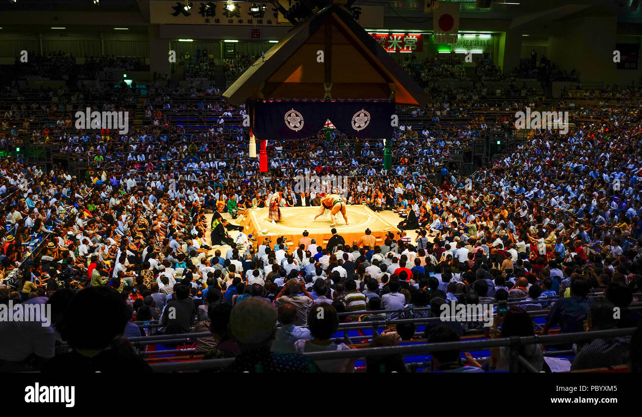 Tokyo, Japan - Jul 13, 2015. Sumo fighters and sumo wrestlers training ...