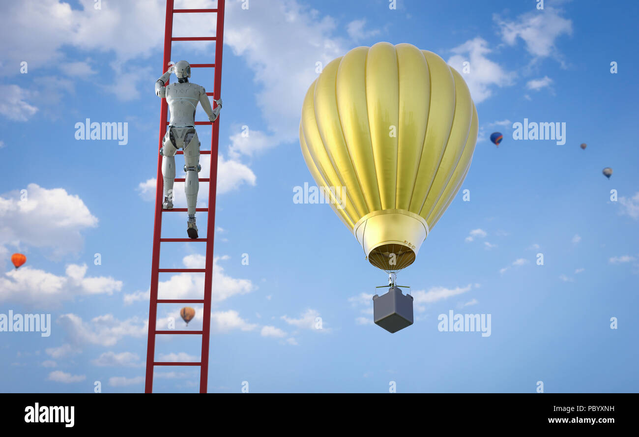 Technology development concept with 3d rendering robot climb red ladder ...