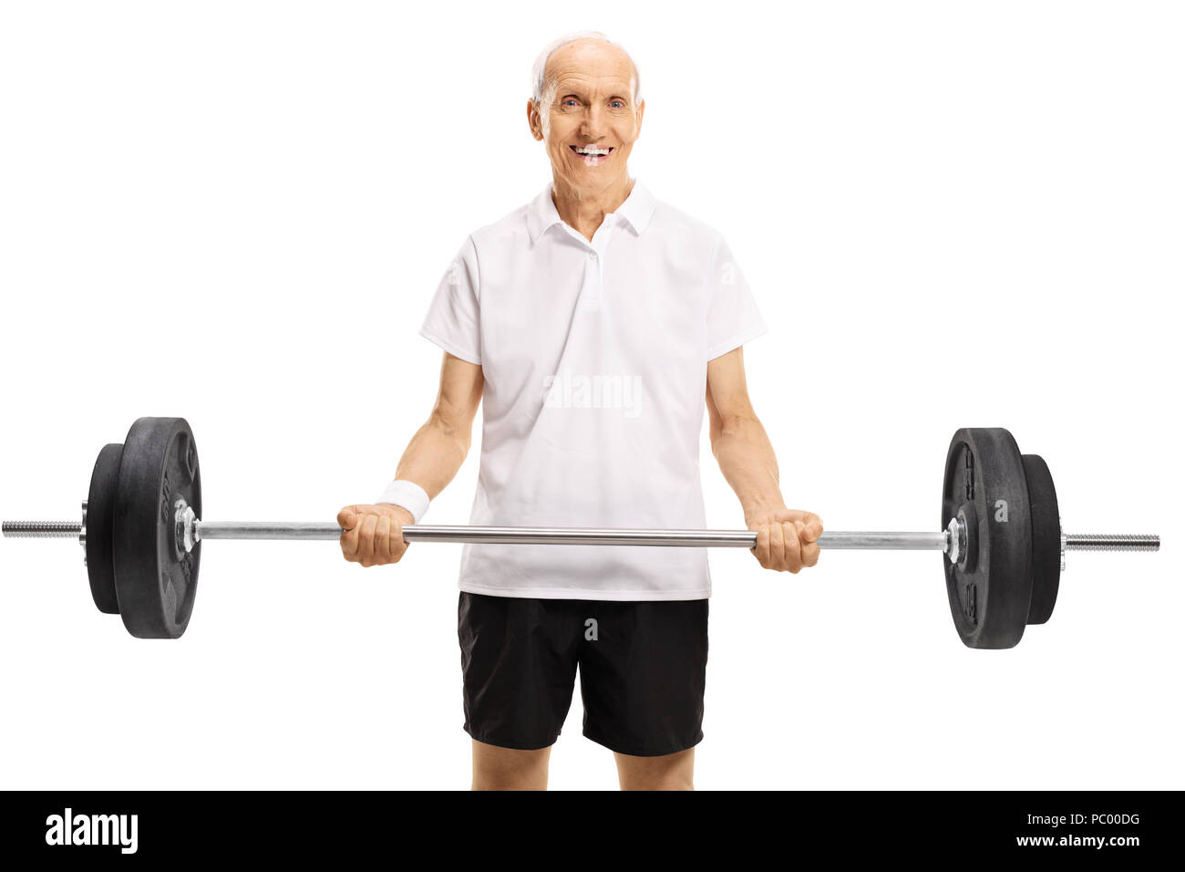 Elderly man lifting a barbell isolated on white background Stock Photo ...