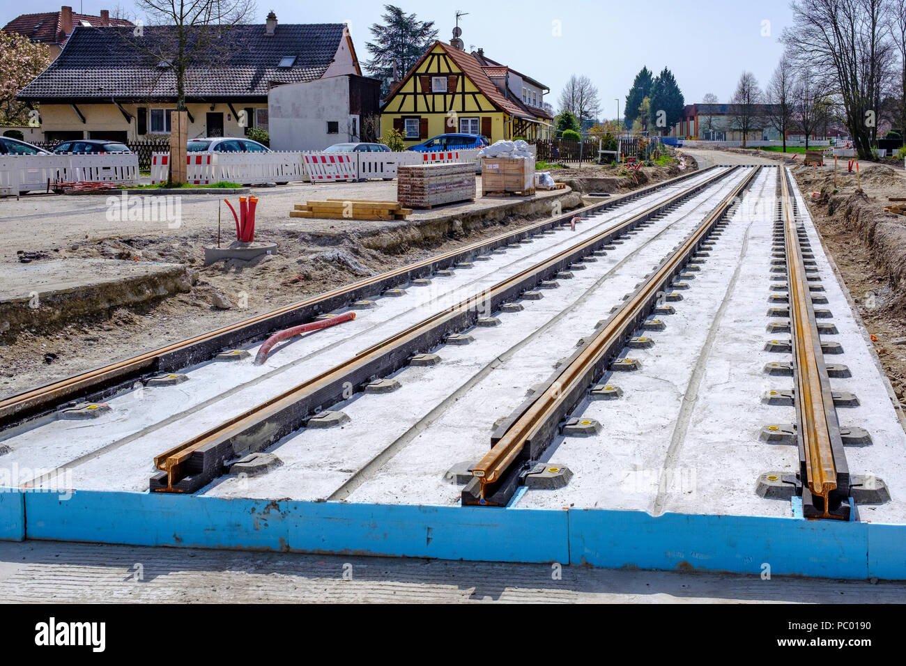 Strasbourg, tram construction site, railway tracks, concrete bed ...