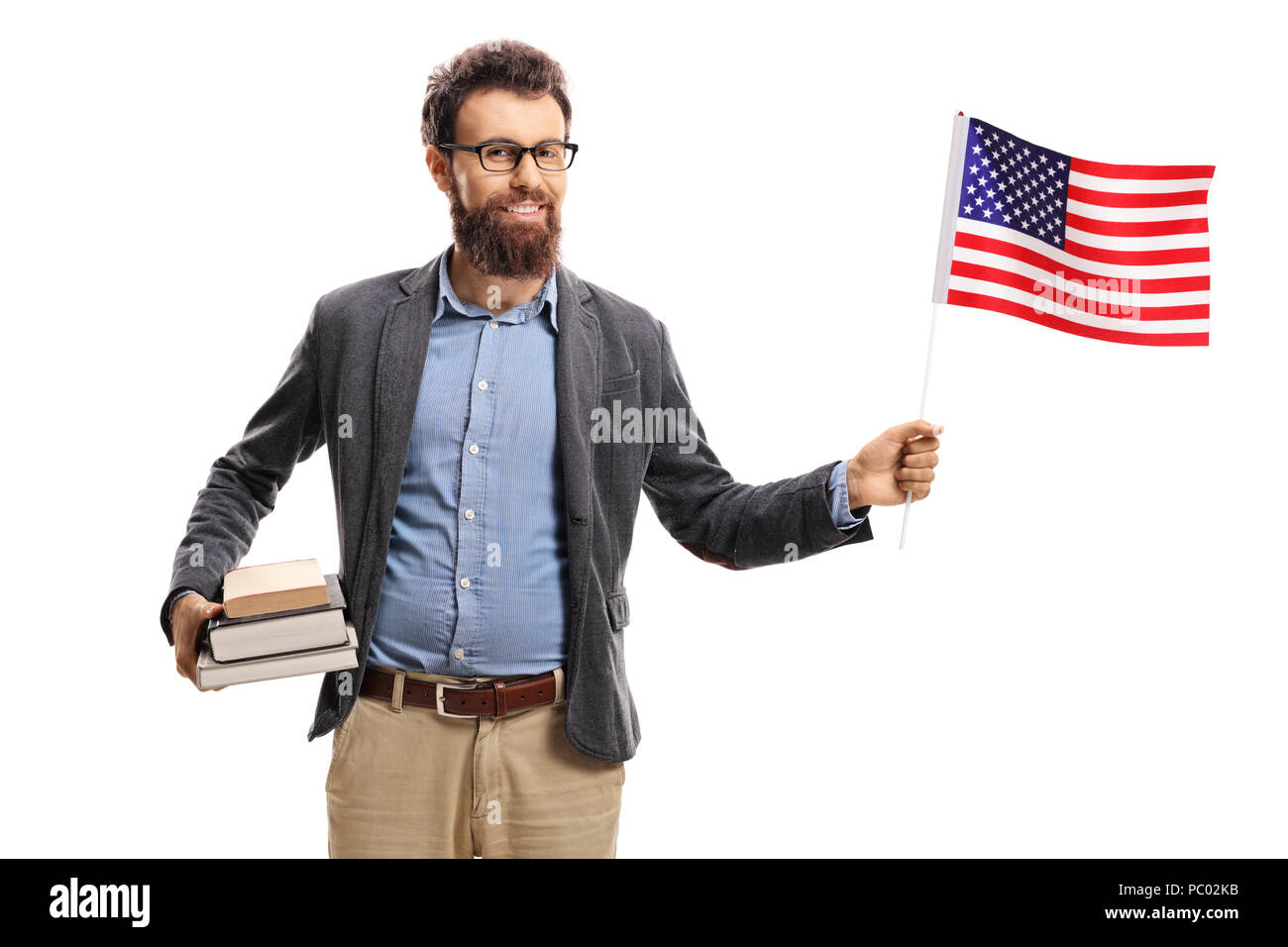 Professor with an American flag isolated on white background Stock ...