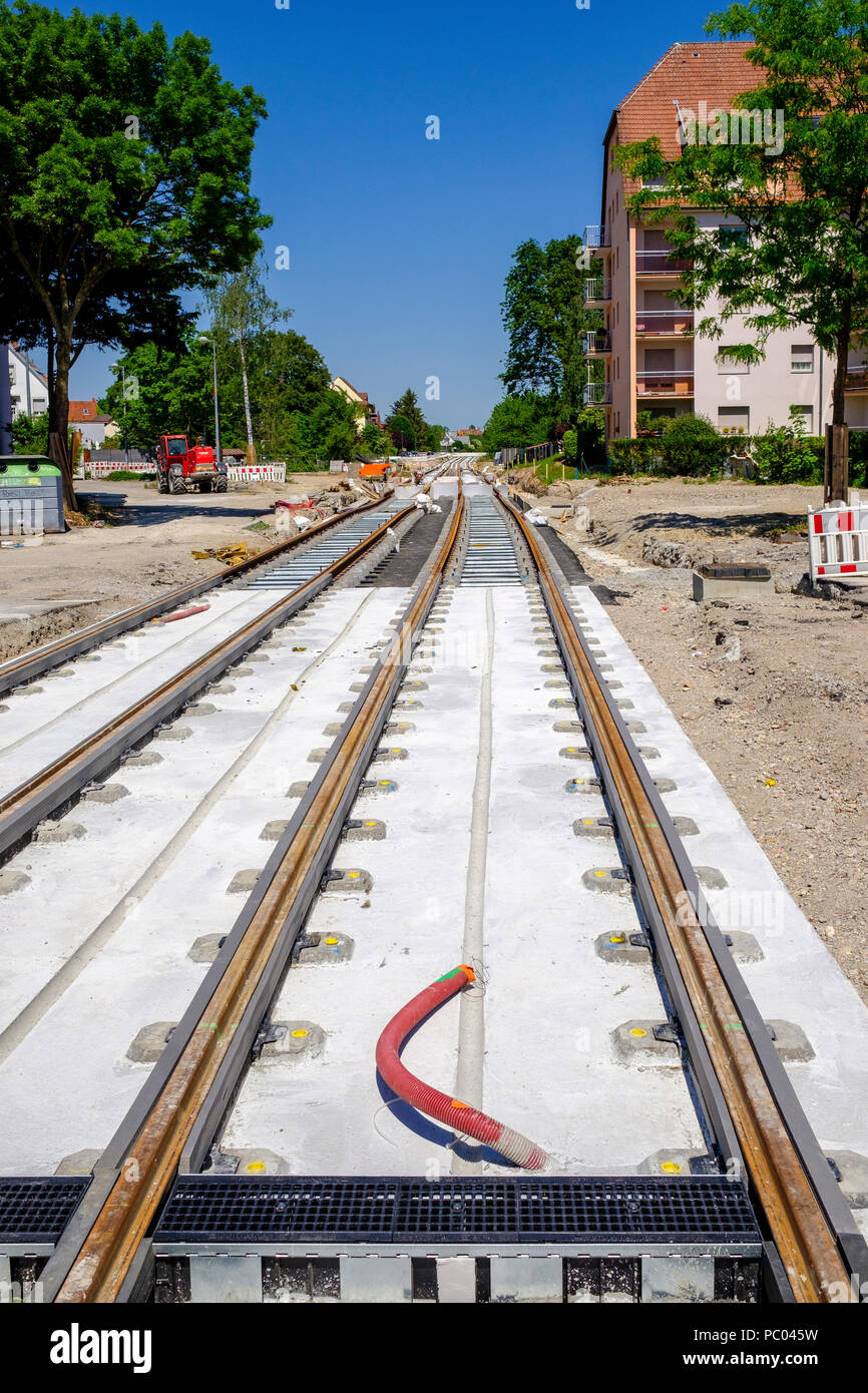 Strasbourg, tram construction site, railway tracks, concrete bed ...